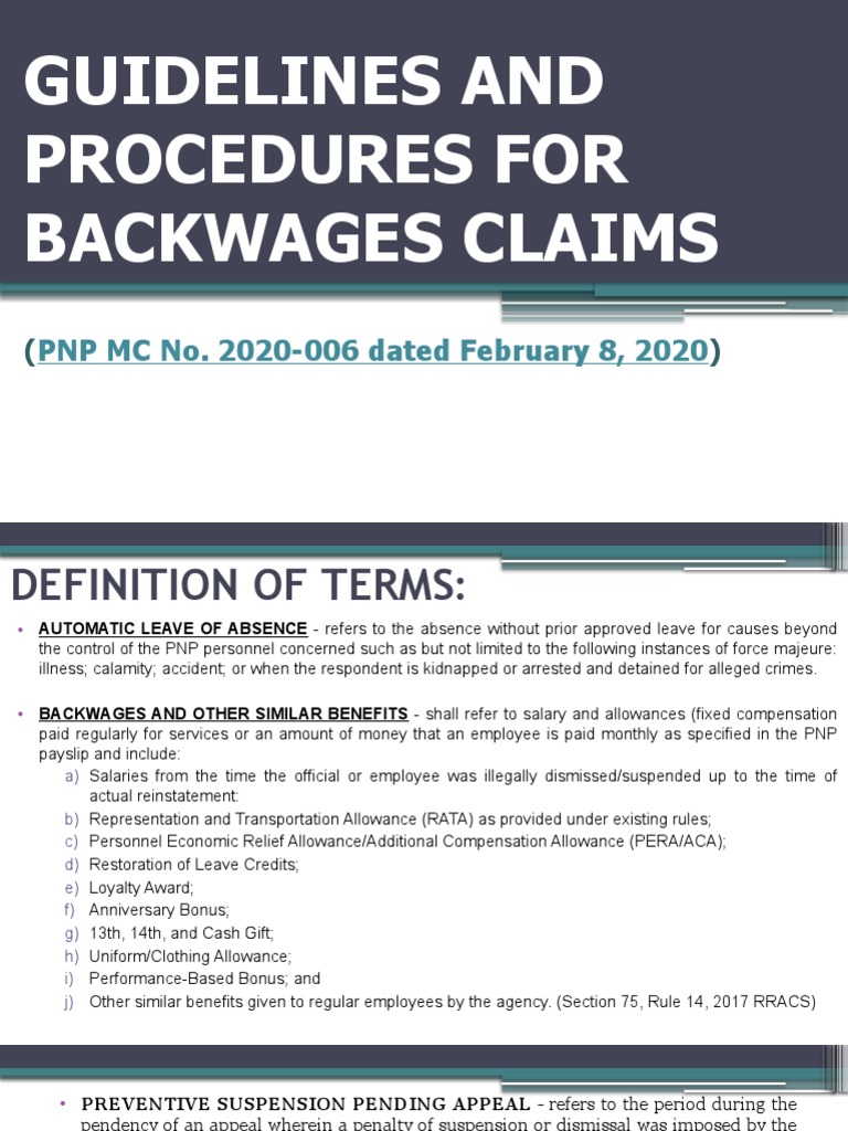 Guidelines and Procedures For Backwages Claims PNP MC No. 2020-006 | PDF | Employment | Salary