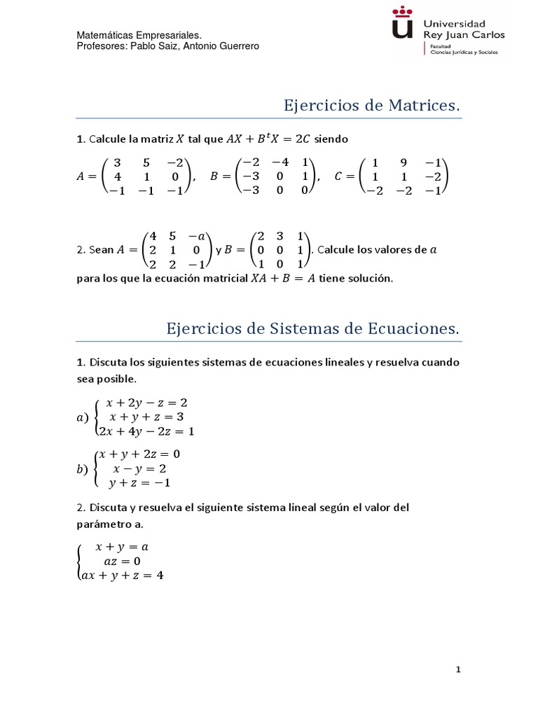 Ejercicios de Matrices y Ecuaciones | PDF | Espacio vectorial | Base (álgebra lineal)