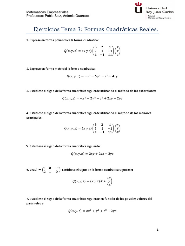 Tema 3. Ejercicios. Formas CuadrÃ¡ticas Reales. | PDF | Métodos y materiales de enseñanza
