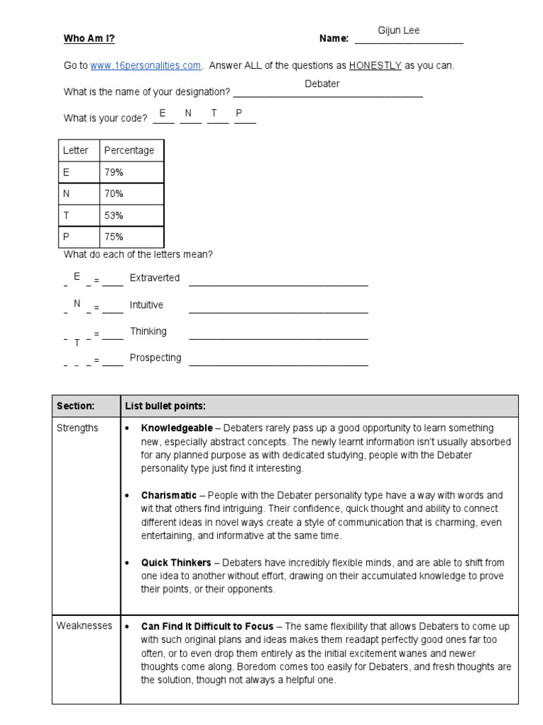 16 Personality Type Worksheet | PDF | Thought | Personality Type