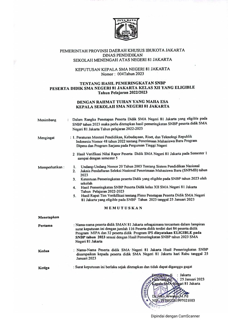 SK Hasil Pemeringkatan SNBP Peserta Didik SMAN81 Kelas XII Yang Eligible 2022-2023 | PDF