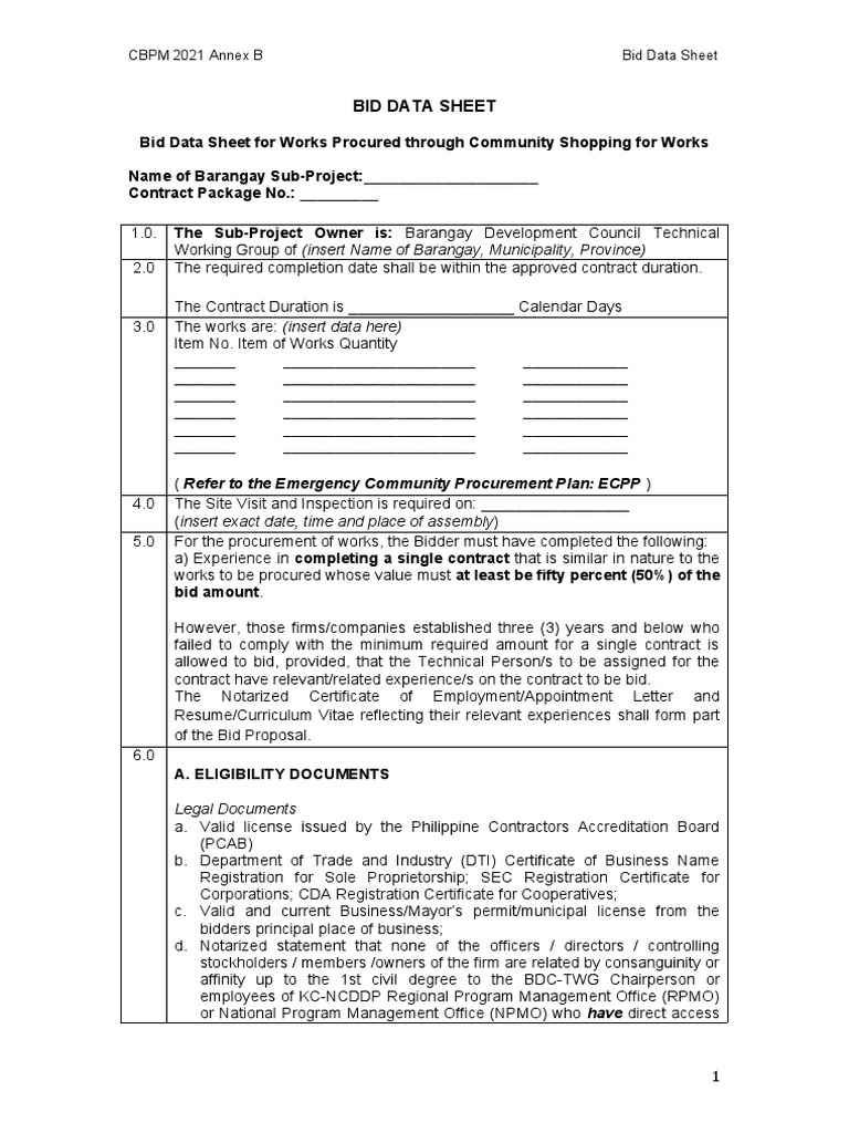 CBPM 2021 Annex B - Bid Data Sheet | PDF | Employment | Business