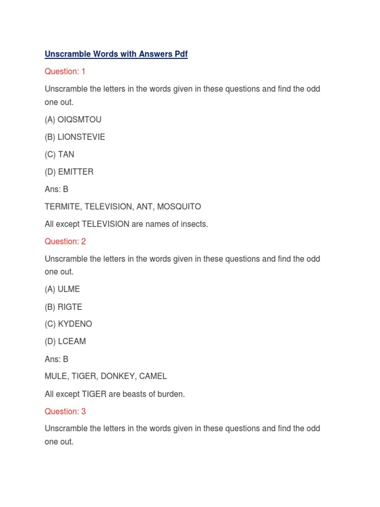Unscramble Words With Answers | PDF | Language Arts & Discipline