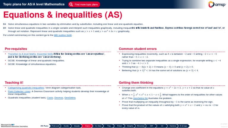AS Pure Topic Plans Equations and Inequalities | PDF | Quadratic ...