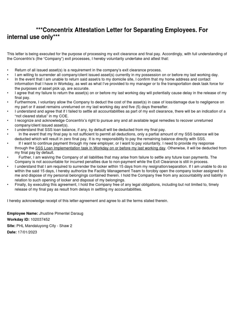 Concentrix Attestation Letter For Separating Employees (PHL) 2023-01-17 ...