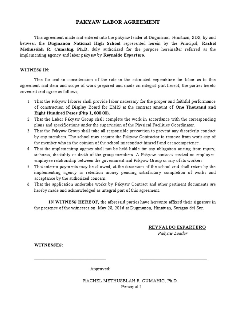Pakyaw Labor Agreement | PDF | Employment | Civil Law (Legal System)