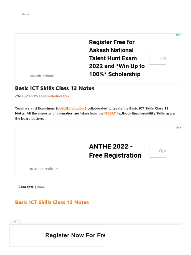 Basic Ict Skills Class 12 Notes Cbse Skill Education Pdf