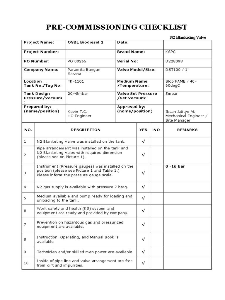 Pre-Commissioning Check List Form (Blanketing Valve) | PDF | Pressure ...