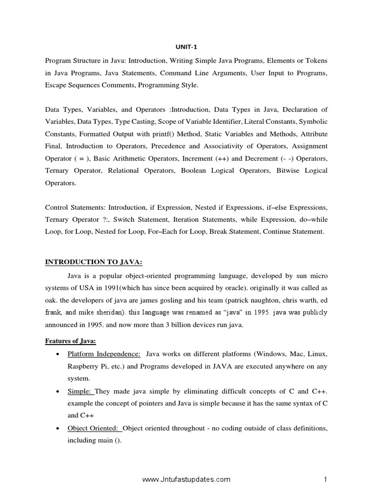 Java R20 Unit 1 Pdf Java Programming Language Data Type 6114