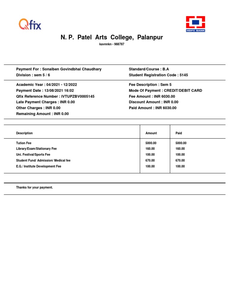 Qfix Payment Consolidated Fee Receipt | PDF
