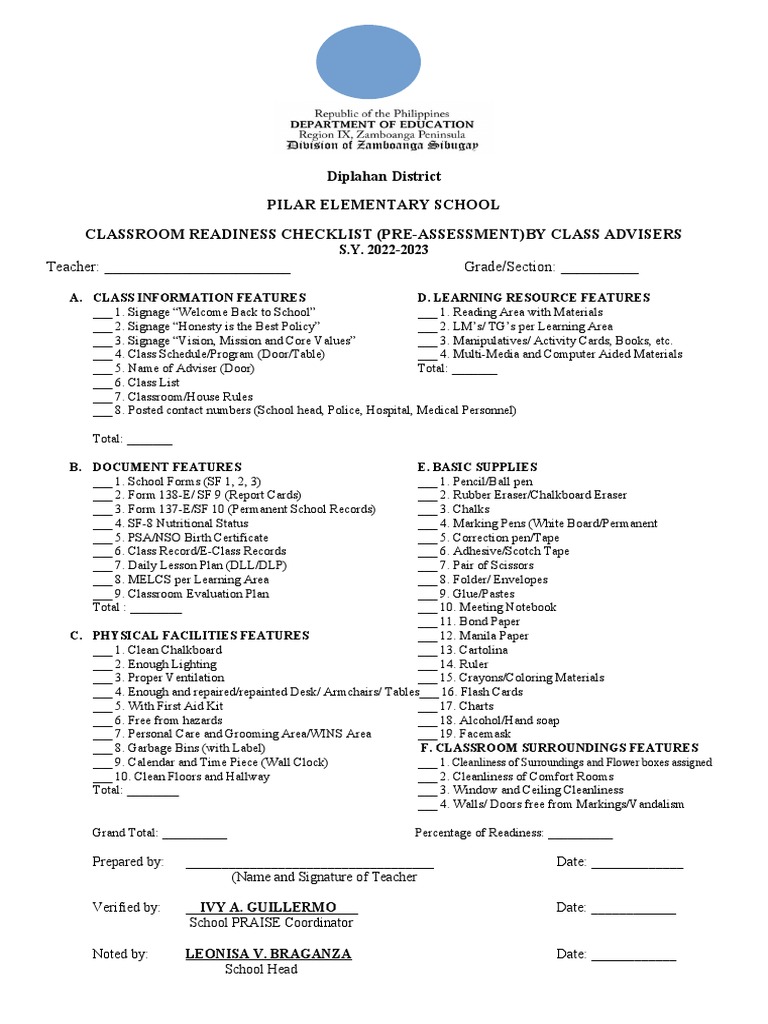 Classroom Readiness Checklist 22-23 | PDF | Adhesive | Classroom