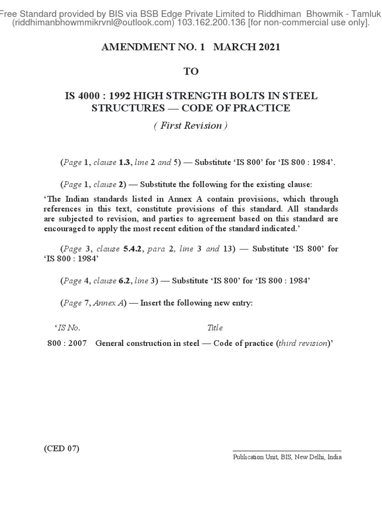 Amendment No. 1 March 2021 TO IS 4000: 1992: High Strength Bolts in Steel Structures - Code of ...