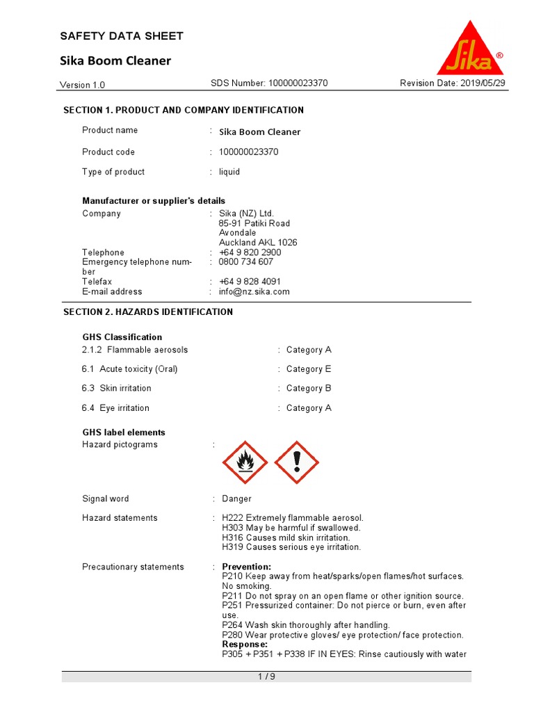 Sika Boom Cleaner - MSDS | PDF | Toxicity | Physical Sciences
