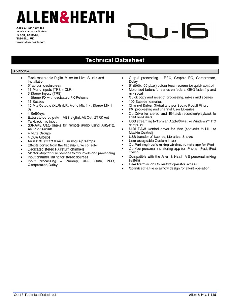Qu 16 Technical Datasheet | PDF | Electrical Engineering | Sound Technology