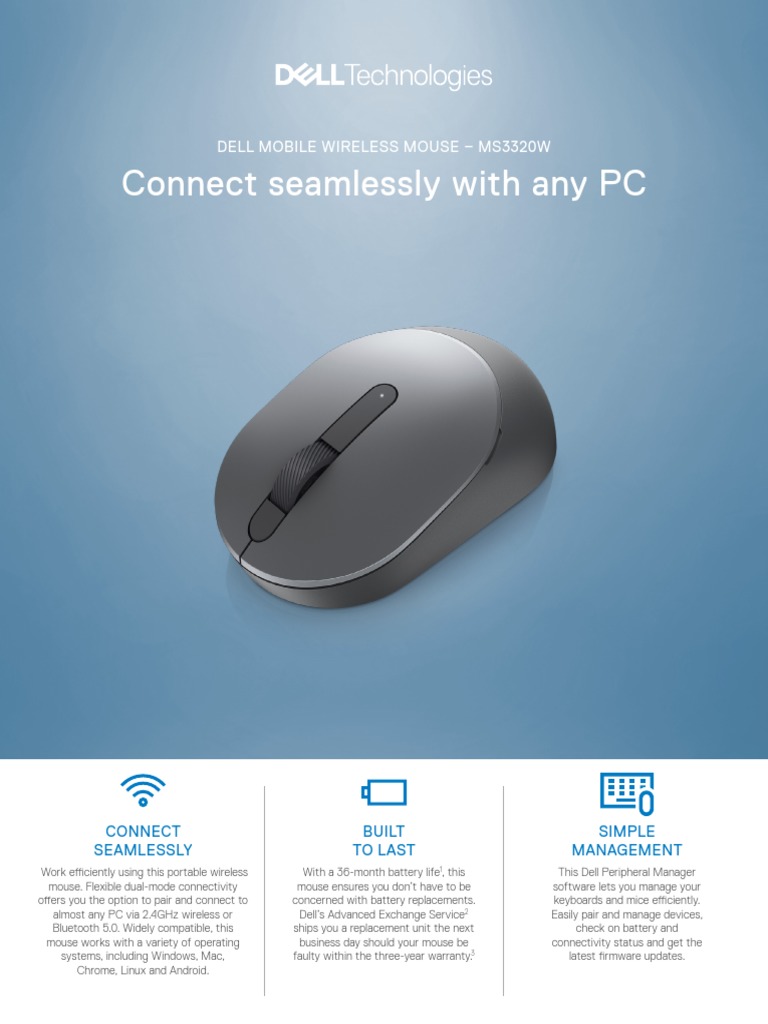 Dell Mobile Wireless Mouse ms3320w Data Sheet | PDF | Bluetooth | Dell