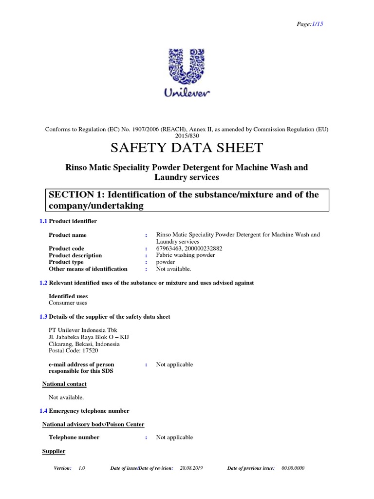 MSDS Rinso Matic Laundry | PDF | Personal Protective Equipment | Toxicity