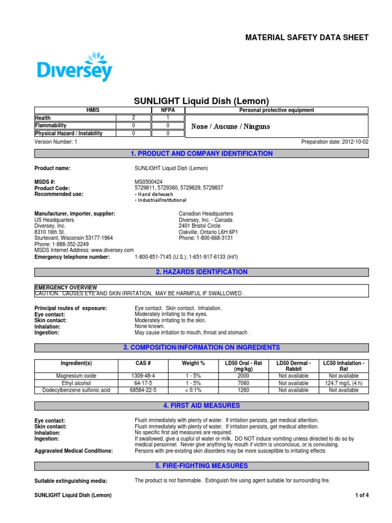 MSDS Sunlight Lemon | PDF | Magnesium | Personal Protective Equipment