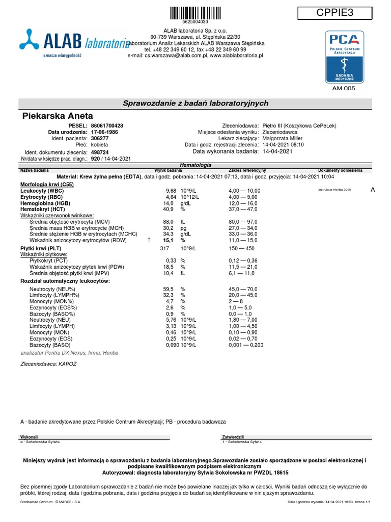 Piekarska Aneta: Sprawozdanie Z Badań Laboratoryjnych | PDF