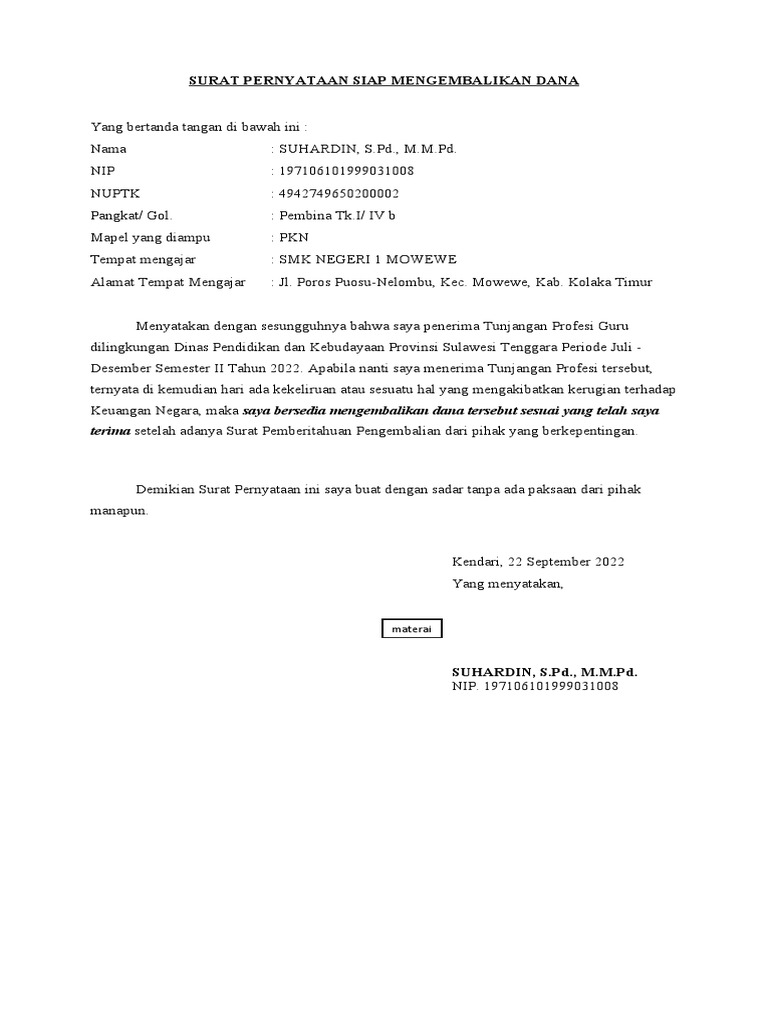 Surat Pernyataan Siap Mengembalikan Dana TPG 2022 - SMKN 1 Mowewe - 123529 | PDF