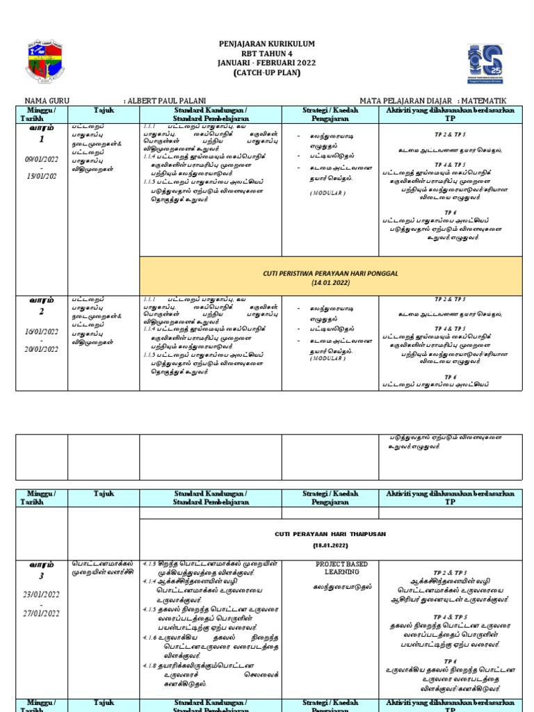 Catch Up Plan RBT THN 4 SJKT | PDF