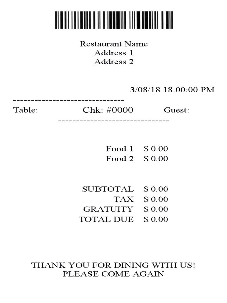 Restaurant receipt template for check #0000 dated 3/08/18 | PDF