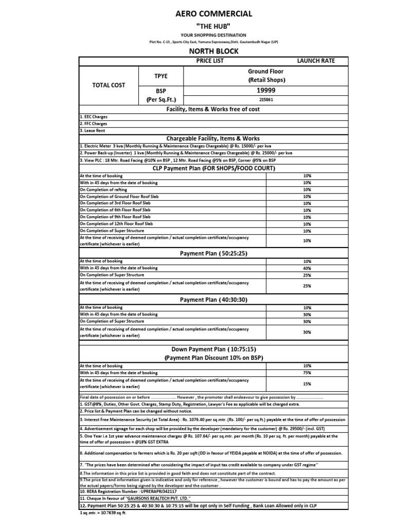 Aero Hub GF Price List DT 01.07.2022 (North Block) | PDF