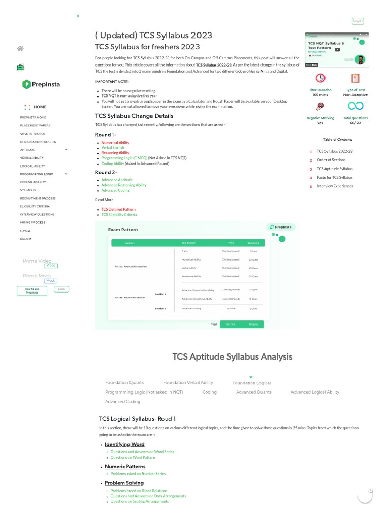 Reasoning (Updated) TCS Syllabus 2023 For TCS Written Test Aptitude ...