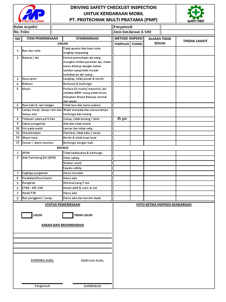 Driving Safety Checklist PMP | PDF