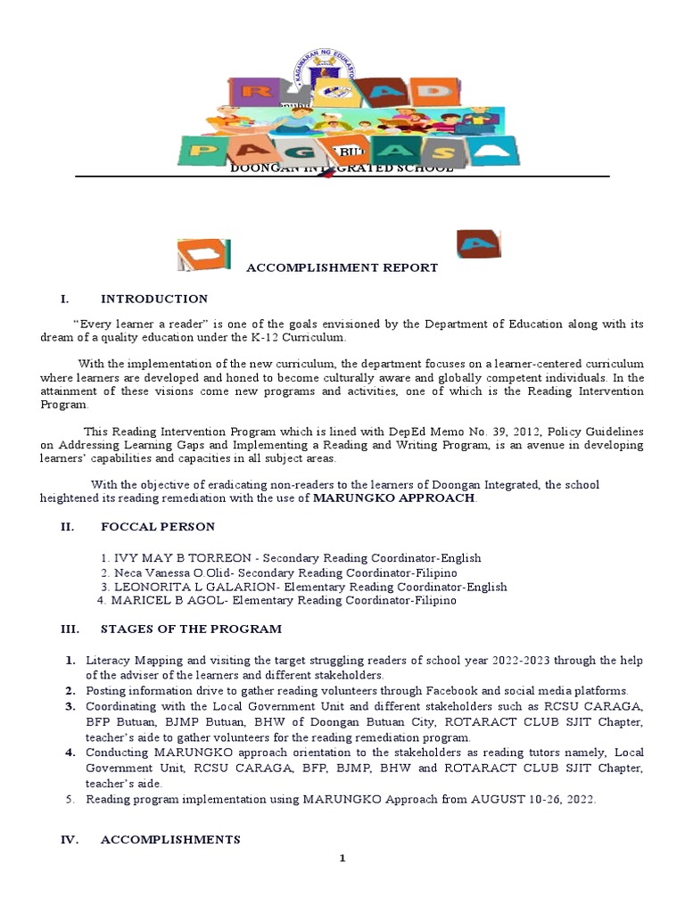 Brigada Pagbsa Accomplishment Report 2022 FINAL | PDF | Literacy ...
