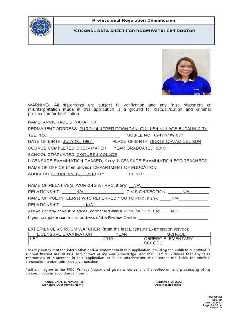 LD POE 04 RO Personal Data Sheet For Room Watcher | PDF