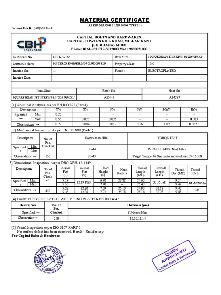 CBH-22-166 Square Head Bolt 3-8 X 1 WZP 10.9 | PDF | Applied And ...