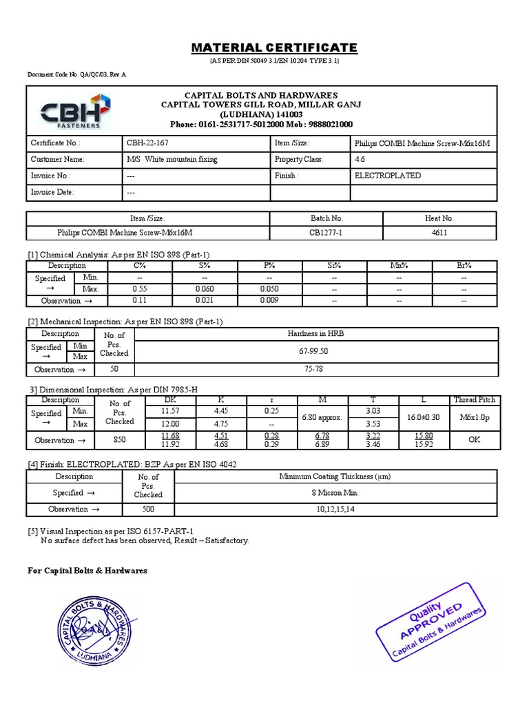 CBH-22-167 Din 7985 Pan Combi MS M6 X 16 BZP 4.6 | PDF | Applied And ...