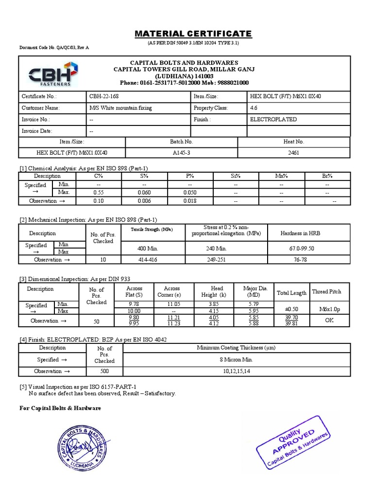 Material Certificate for Hex Bolt M6x1.0x40 | PDF | Screw | Chemical ...