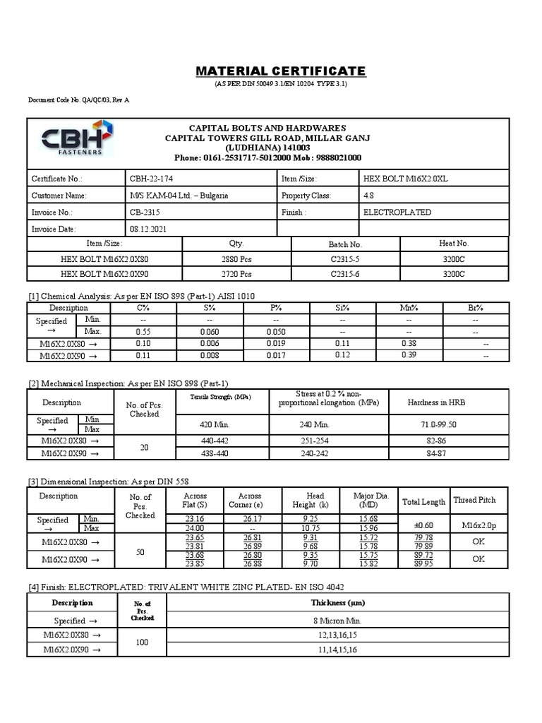 CBH-22-174 Din 558 HB M16 X 80 90 WTZP 4.8 | PDF | Screw | Materials Science