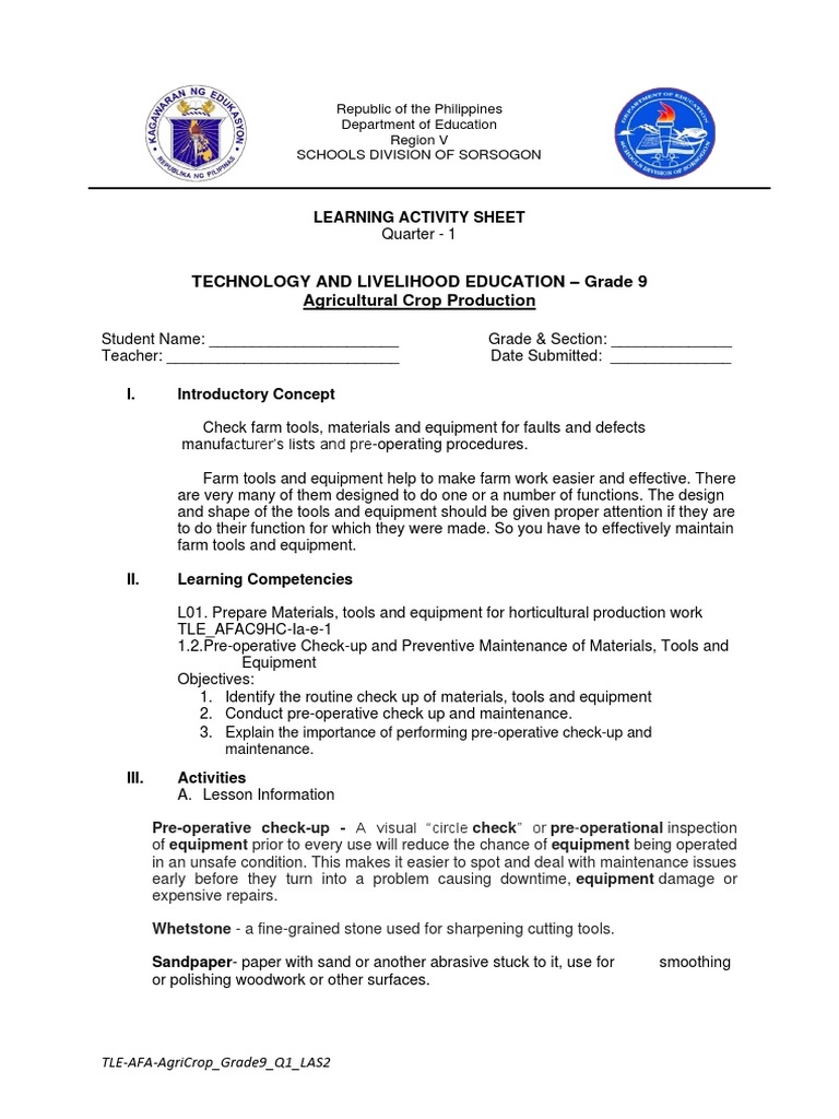TLE-AFA-AgriCrop Grade9 Q1 LAS2 | PDF | Personal Protective Equipment ... TLE-AFA-AgriCrop Grade9 Q1 LAS2 | PDF | Personal Protective Equipment ...