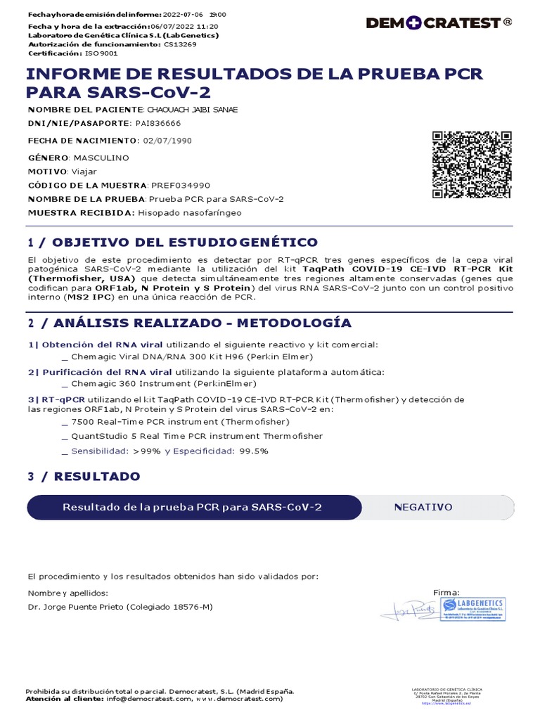 Informe de Resultados de La Prueba PCR para Sars-Cov-2: 1 / Objetivo ...