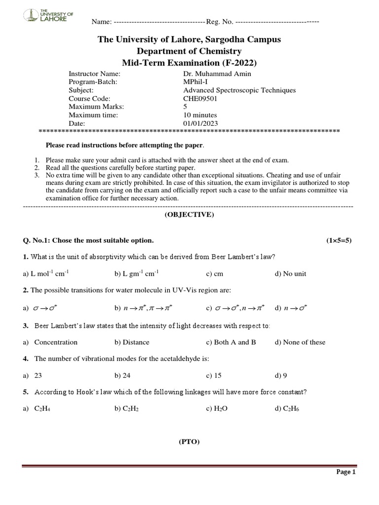 Mid Term Paper Advanced Spectroscopic Techniques F-2022 | PDF ...