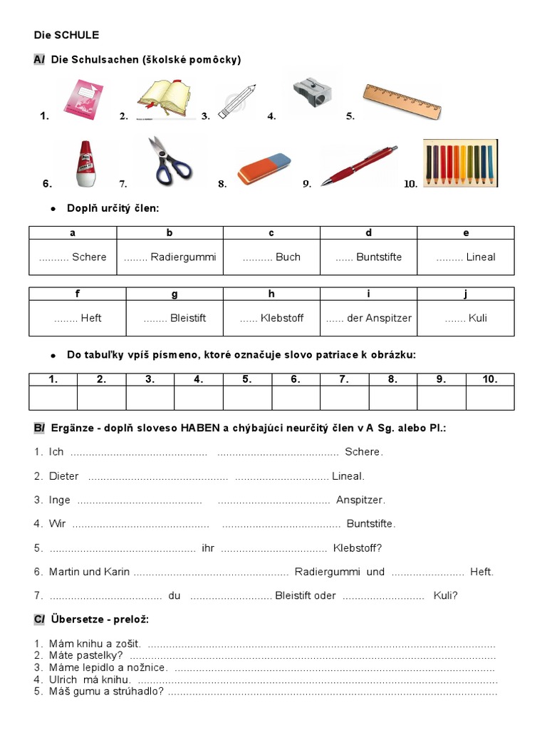 Die Schule (Škola) - Die Schulsachen Školské Pomôcky) | PDF