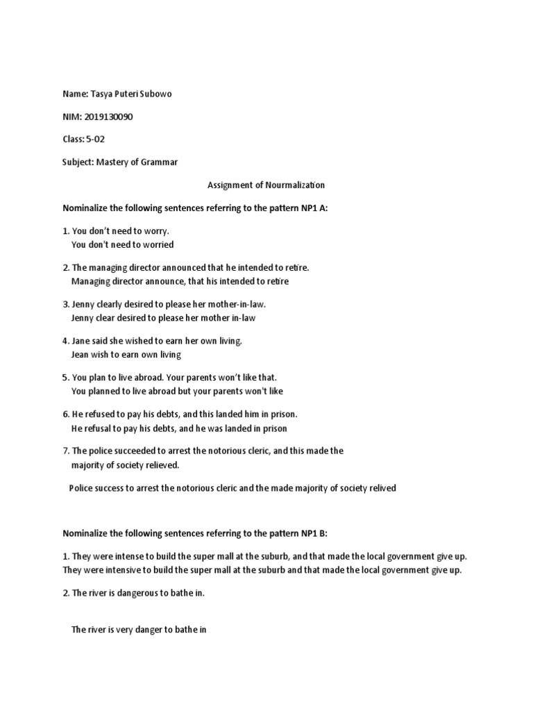 Grammar Nominalization Assignment Pdf