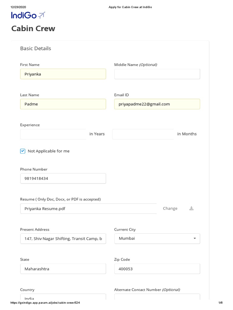 IndiGo Cabin Crew Application Form | PDF