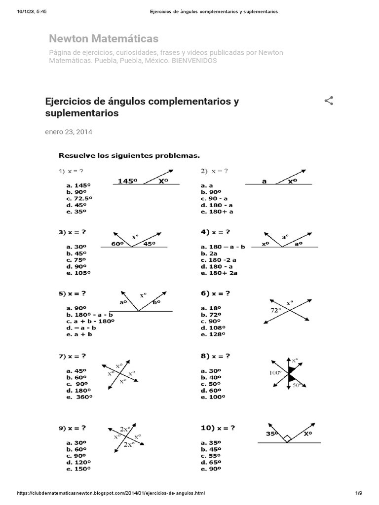 Ejercicios de Ángulos Complementarios y Suplementarios | PDF