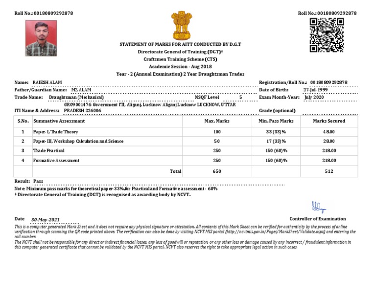 Marksheet ITI 2st YEAR | PDF