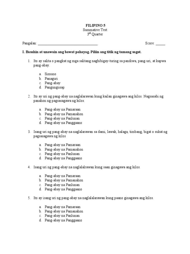 Summative Filipino 5 (Quarter 3) | PDF