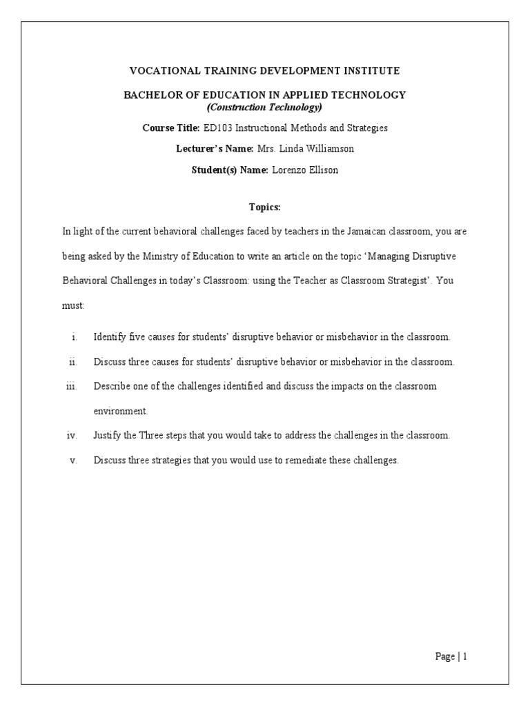 Disruptive Behaviour in The Classroom Assignment Final | PDF | Teachers ...