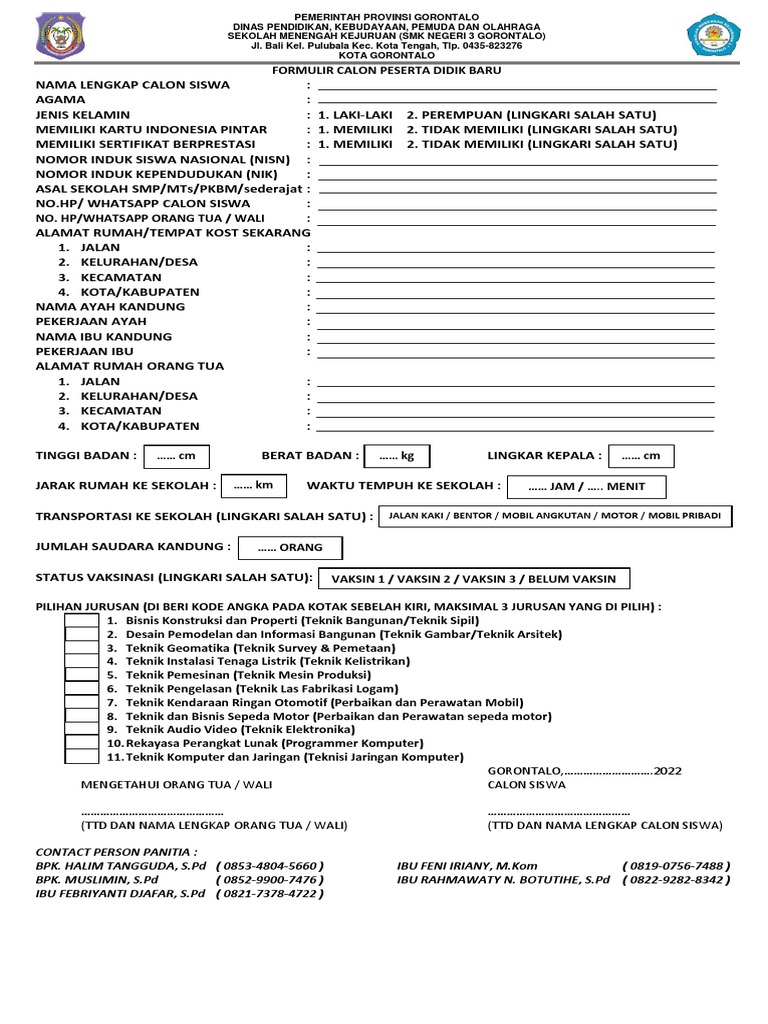 Formulir PPDB SMKN 3 Gorontalo Tahun 2022 | PDF