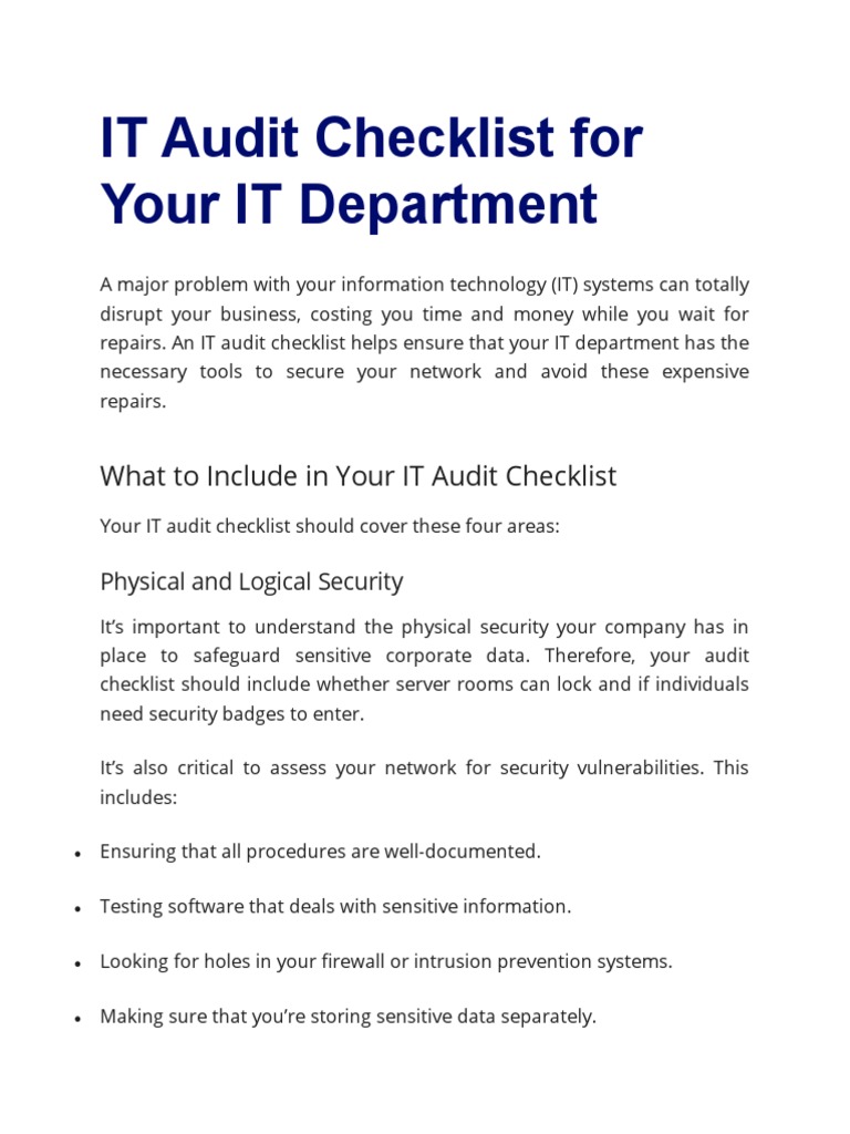 IT Audit Checklist for Departments | PDF | Audit | Computer Network