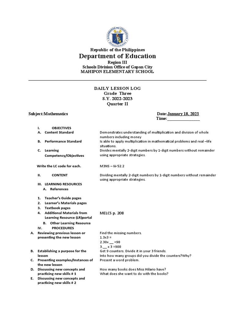 DLL Q2 Mathematics Week 8 d3 | PDF | Learning | Education Theory