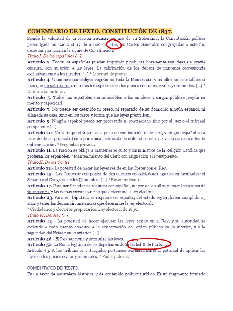 Tema 4. Comentario de Texto. Constitución de 1837 | PDF | Cortes ...