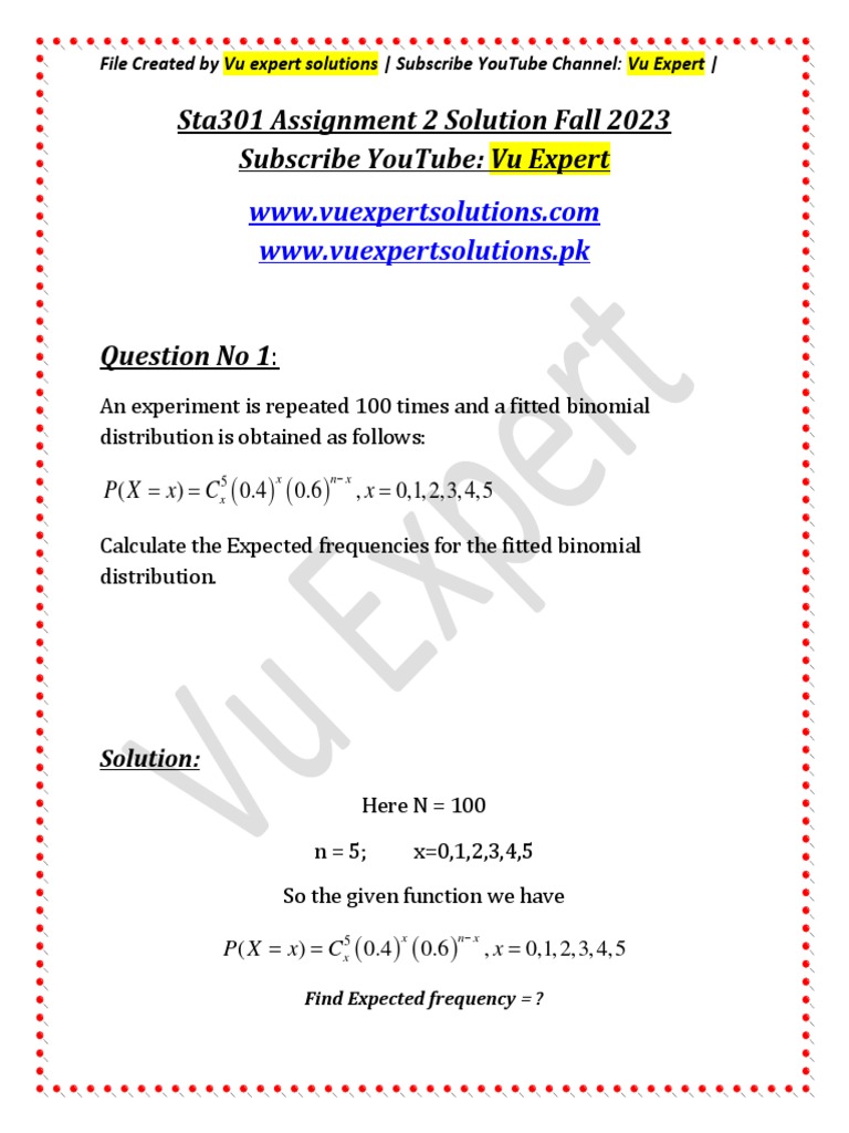 Sta301 Assign 2 Sol Fall 2023 Vu Expert Solutions | PDF | Poisson Distribution | Teaching ...