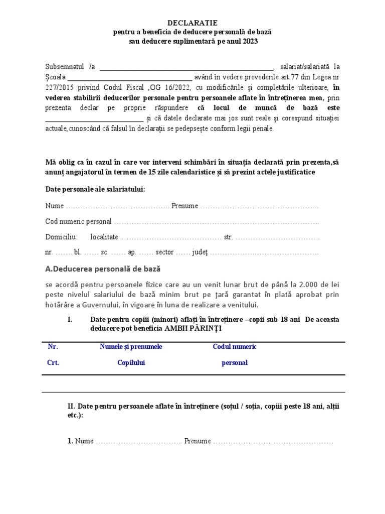 Declaratie Pentru Deducere de Baza Si Suplimentara | PDF